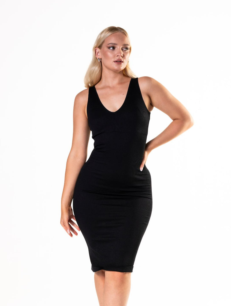 Deep V-Neck Seamless Midi Dress | HeyShape