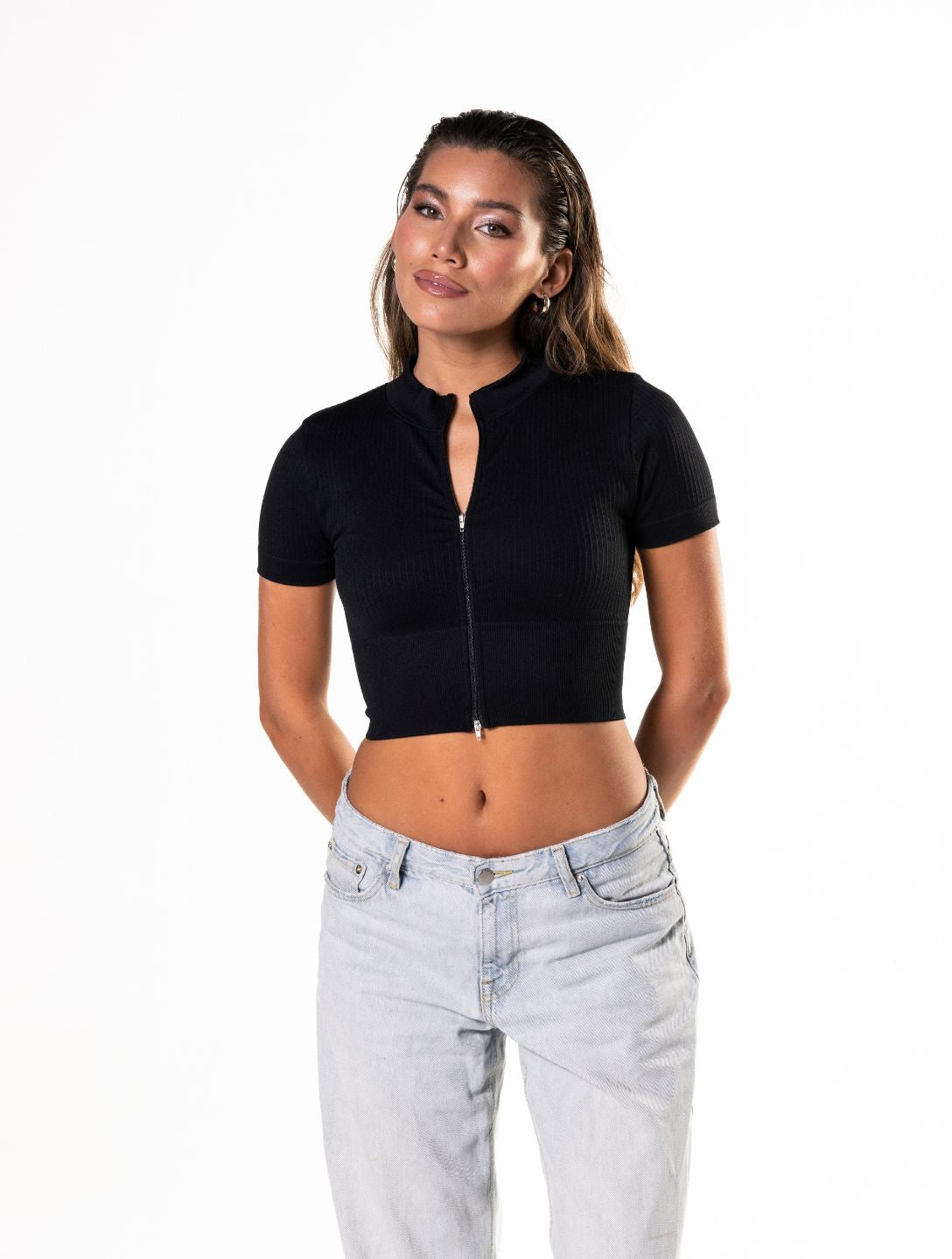 Seamless Ribbed Zip-Front Short Sleeve Crop Top | HeyShape