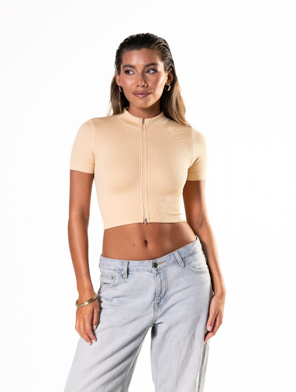 Seamless Ribbed Zip-Front Short Sleeve Crop Top | HeyShape
